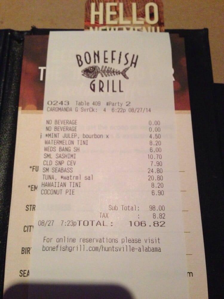 Menu at Bonefish Grill restaurant, Huntsville