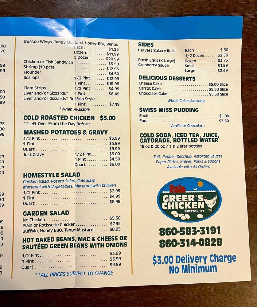 Menu at Greer's Chicken restaurant, Bristol