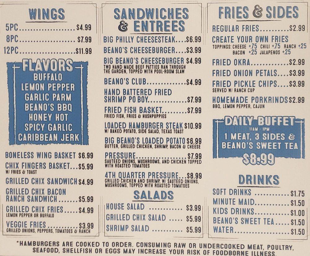 Menu at Beanos Kitchen restaurant, Fayetteville