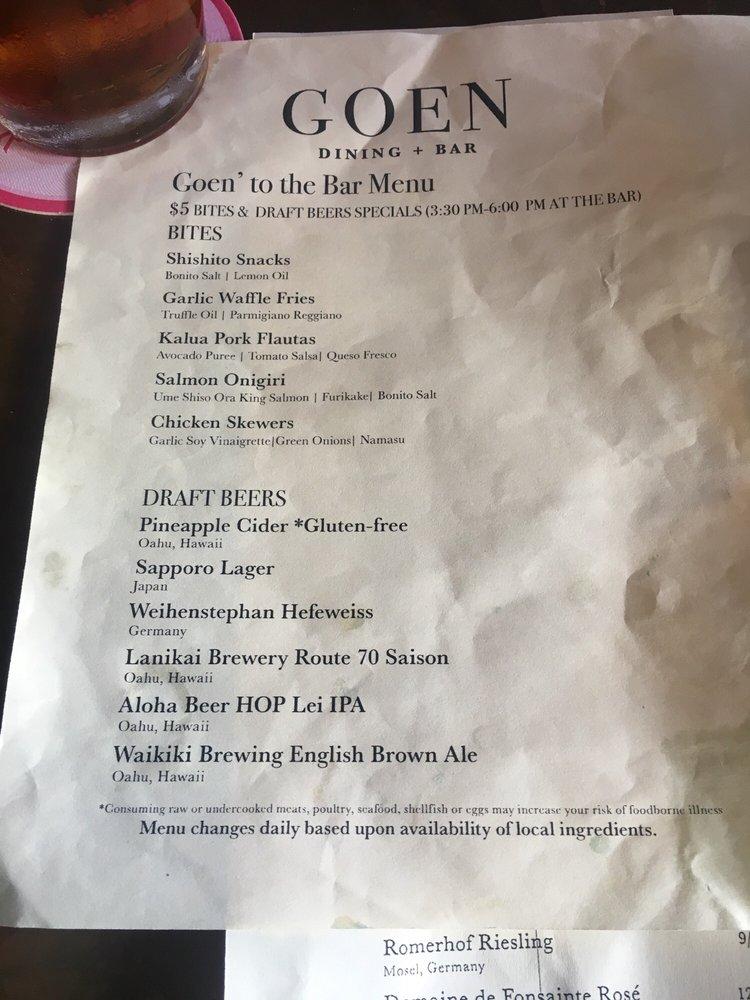 Menu at GOEN Dining + Bar, Kailua