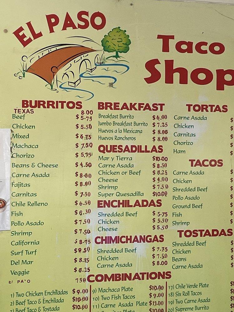 Menu at EL PASO TACO SHOP restaurant, Campo