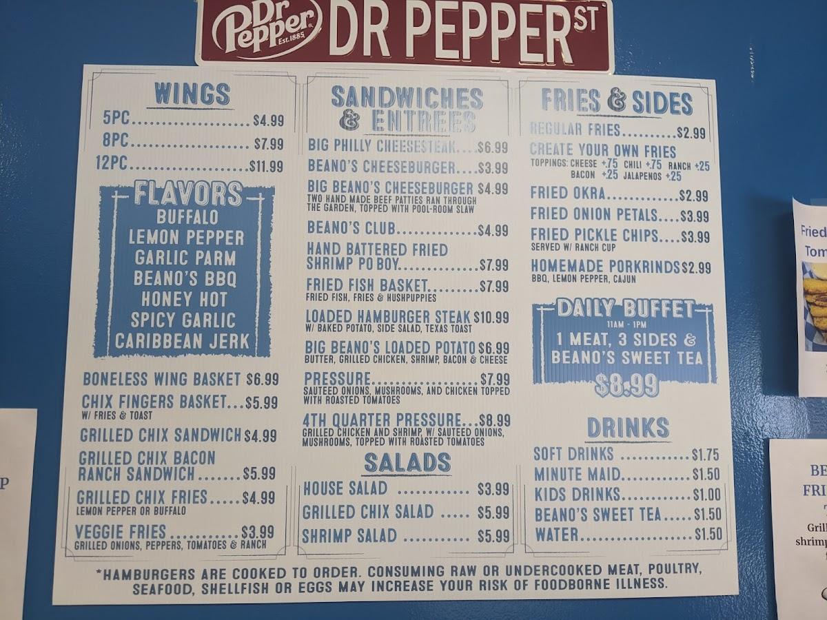 Menu at Beanos Kitchen restaurant, Fayetteville