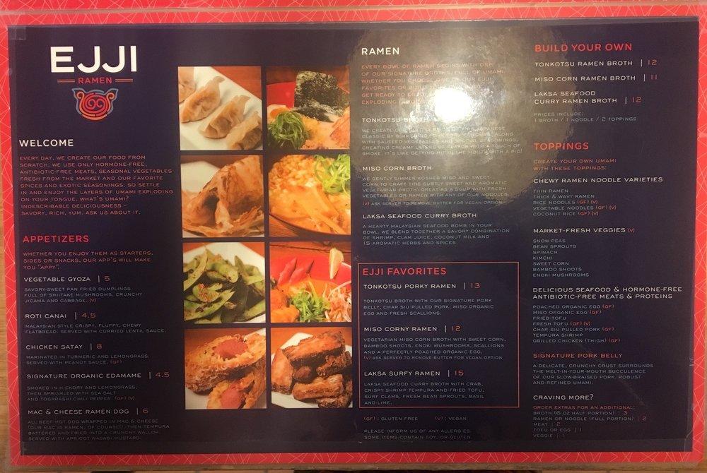 Menu at EJJI Ramen restaurant, Baltimore, 529 E Belvedere Ave
