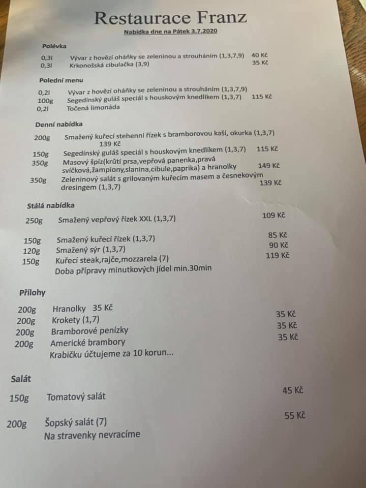 Menu at Restaurace Franz restaurant, Senohraby