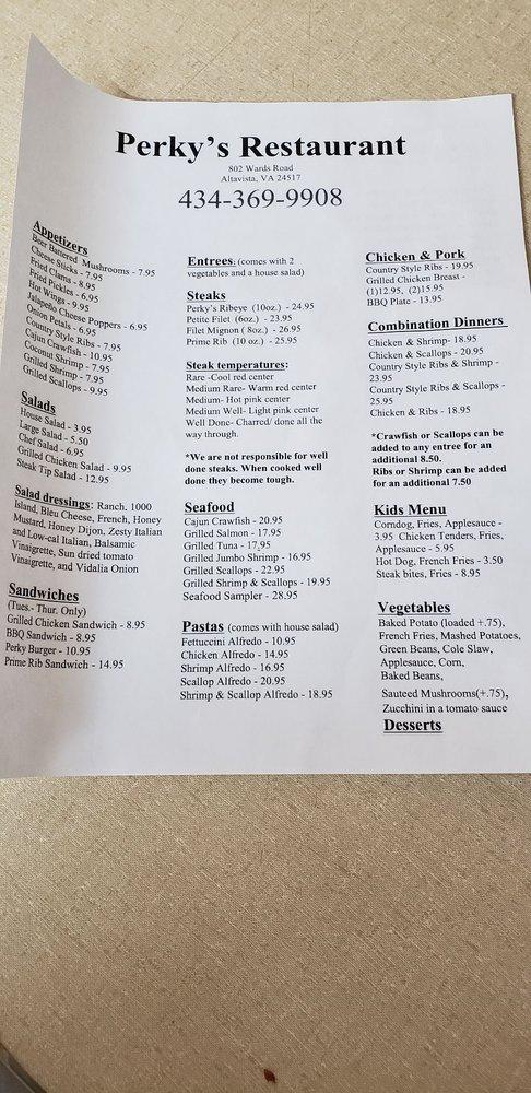 Menu at Perky's Restaurant, Altavista