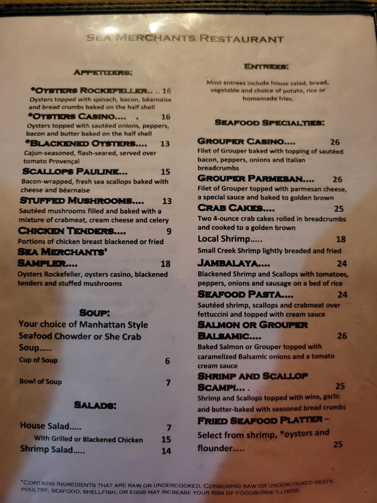 Menu at Sea Merchants Restaurant, North Myrtle Beach