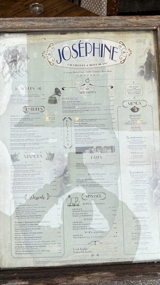 Menu at Josephine Restaurant, Chamonix