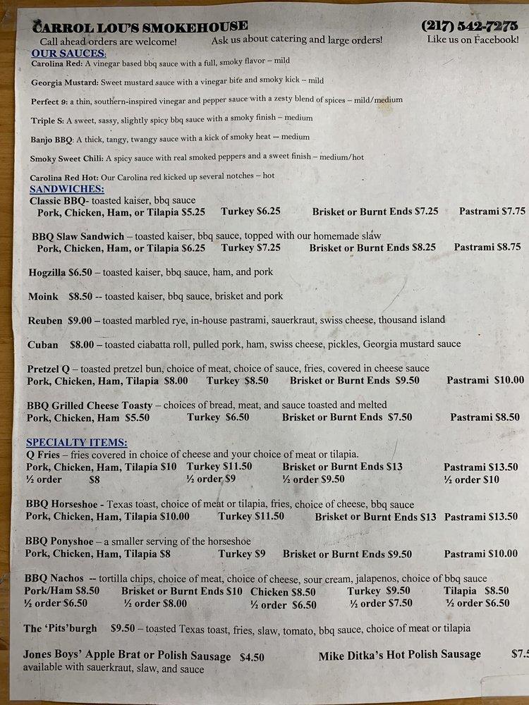 Menu at Carrol Lou's Smokehouse restaurant, Decatur