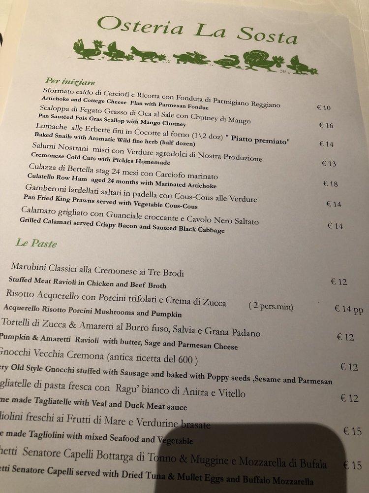 Menu da Osteria La Sosta ristorante, Cremona