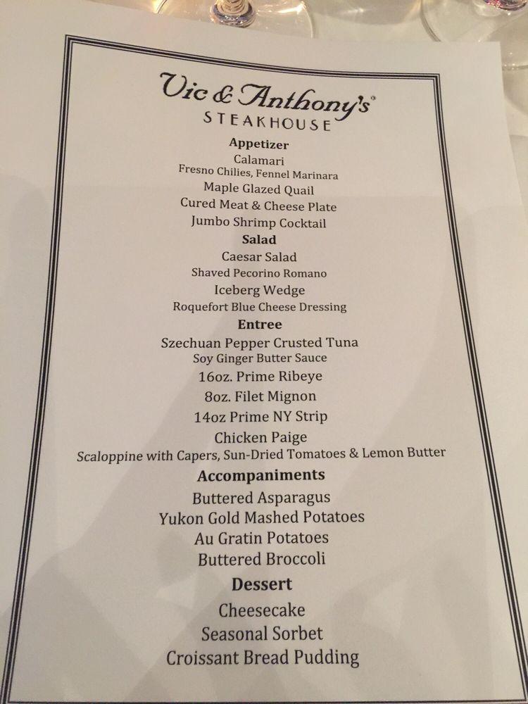 Menu at Vic & Anthony's Steakhouse, Atlantic City, 600 Huron Ave