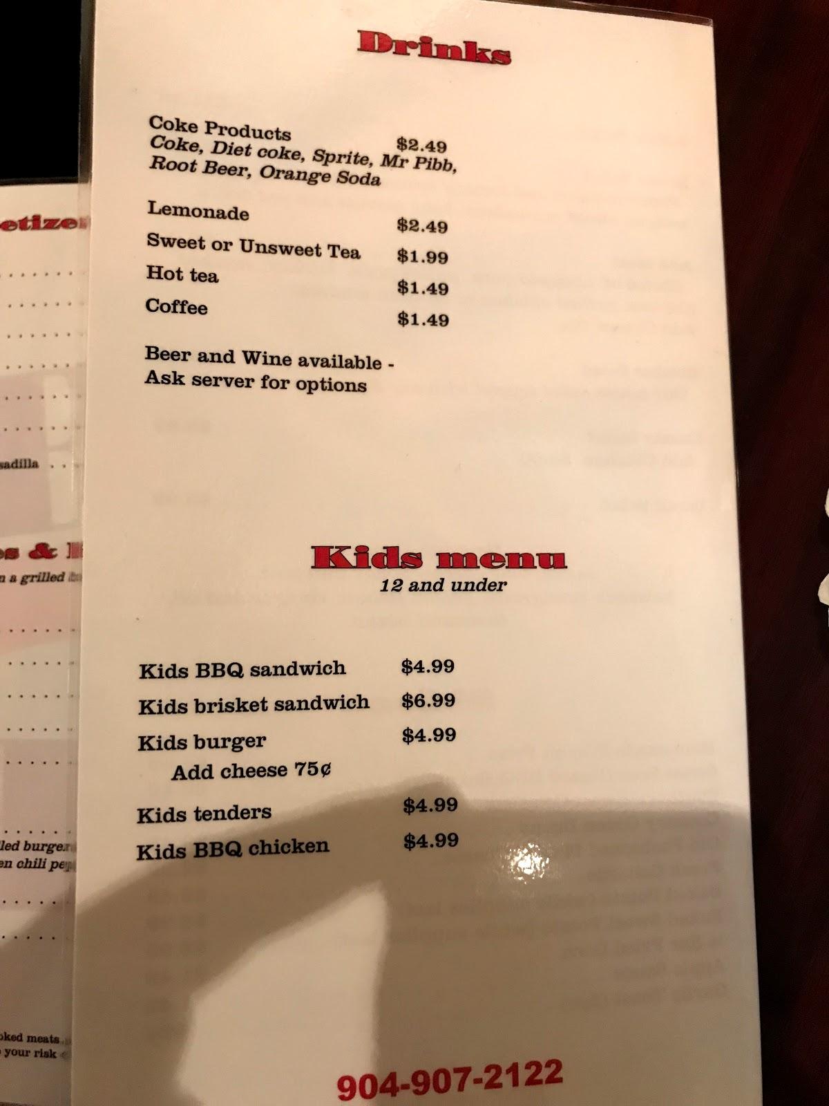 Menu at Brisky's BBQ, St. Augustine