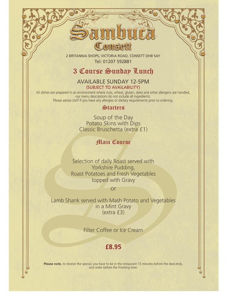 Menu at Sambuca Consett restaurant, Consett