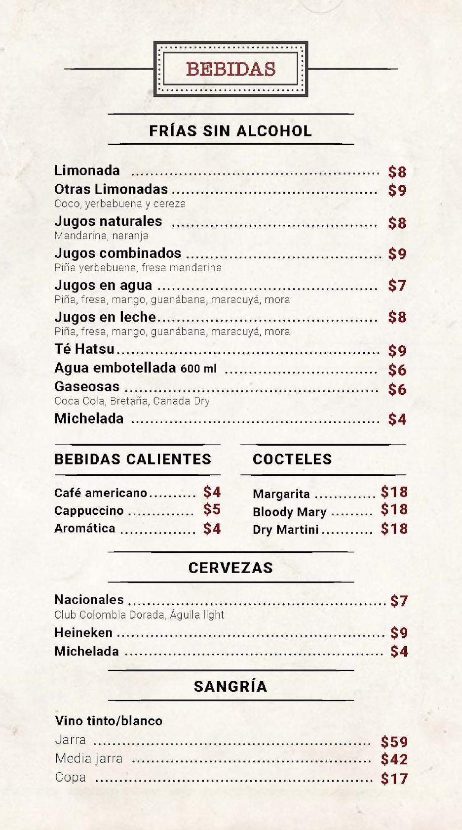 Carta de Restaurante Che, Medellín