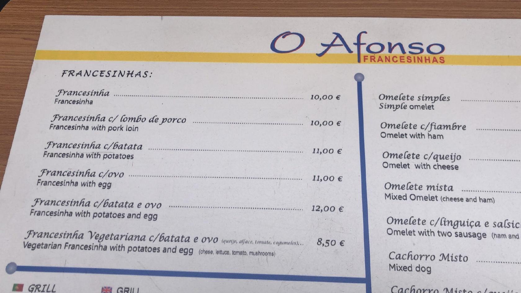 Menu em "O Afonso" - Francesinhas café, Porto