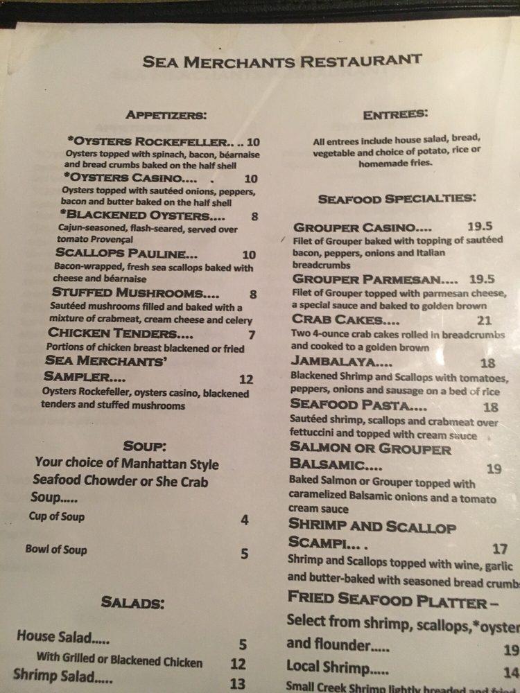 Menu at Sea Merchants Restaurant, North Myrtle Beach