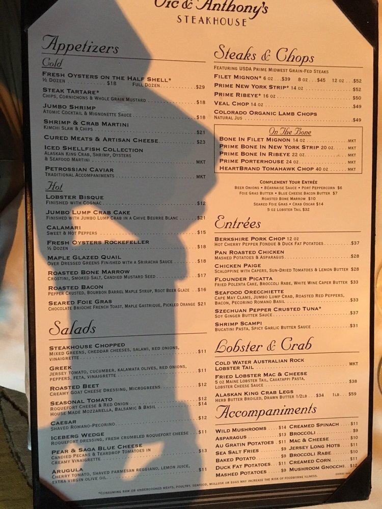 Menu at Vic & Anthony's Steakhouse, Atlantic City, 600 Huron Ave