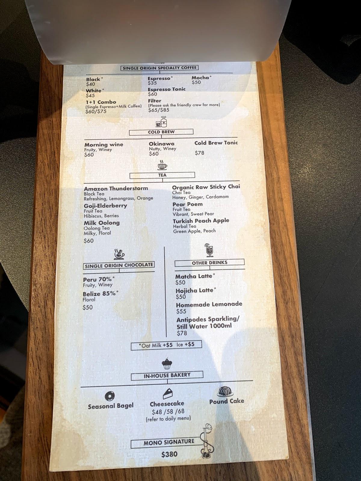 Menu at MONO LAB cafe, Hong Kong