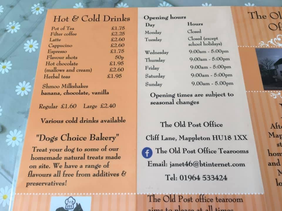 Menu at The Old POst Office cafe, Mappleton