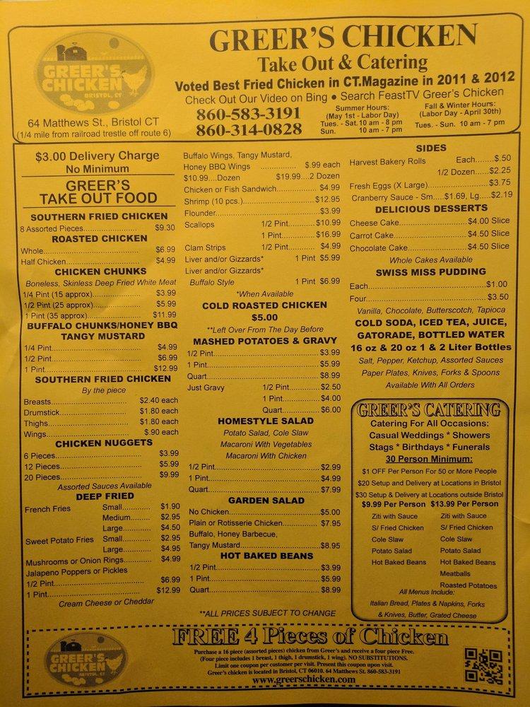 Menu at Greer's Chicken restaurant, Bristol