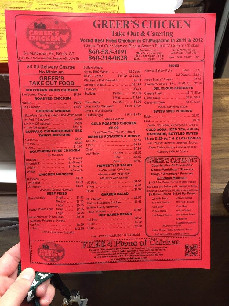 Menu at Greer's Chicken restaurant, Bristol