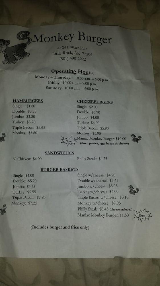 Menu at Monkey Burger fast food, Little Rock