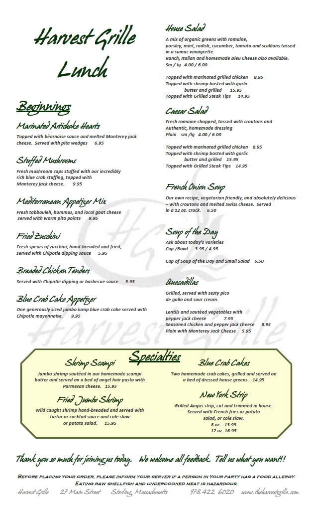 Menu at Harvest Grille pub & bar, Holden