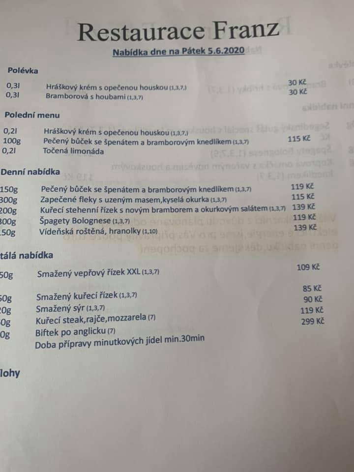 Menu at Restaurace Franz restaurant, Senohraby