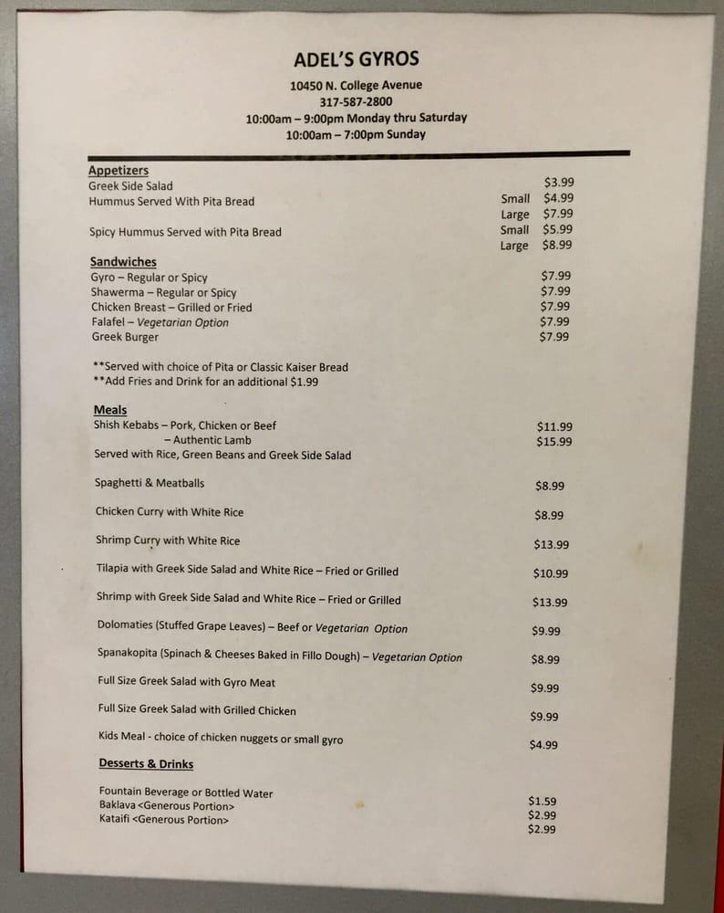 Menu at Adel's Gyros Pub & Grill, Indianapolis